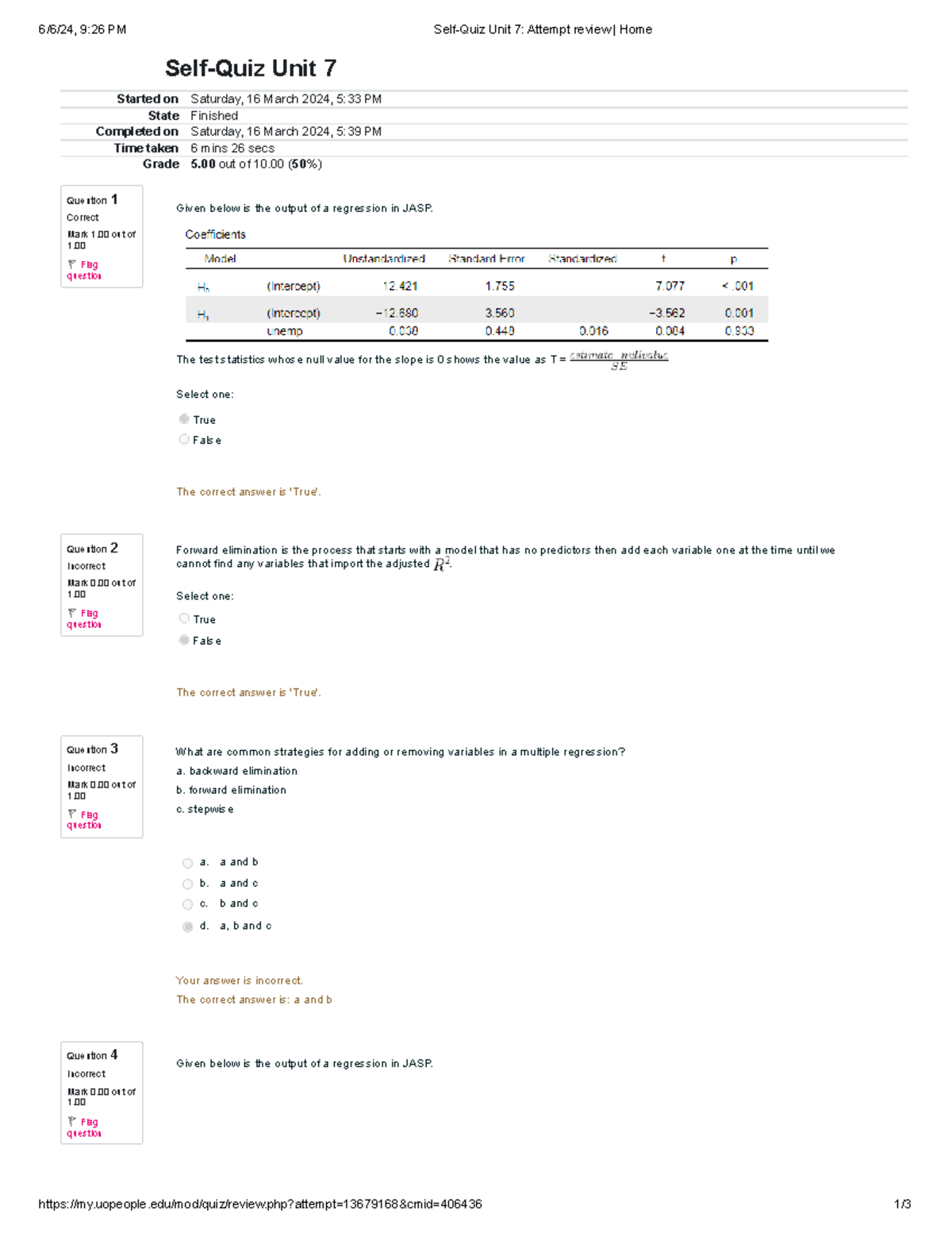 MATH 1281 Self-Quiz Unit 7 Attempt review - Question 1 Correct Mark 1 out of 1. Flag question ...