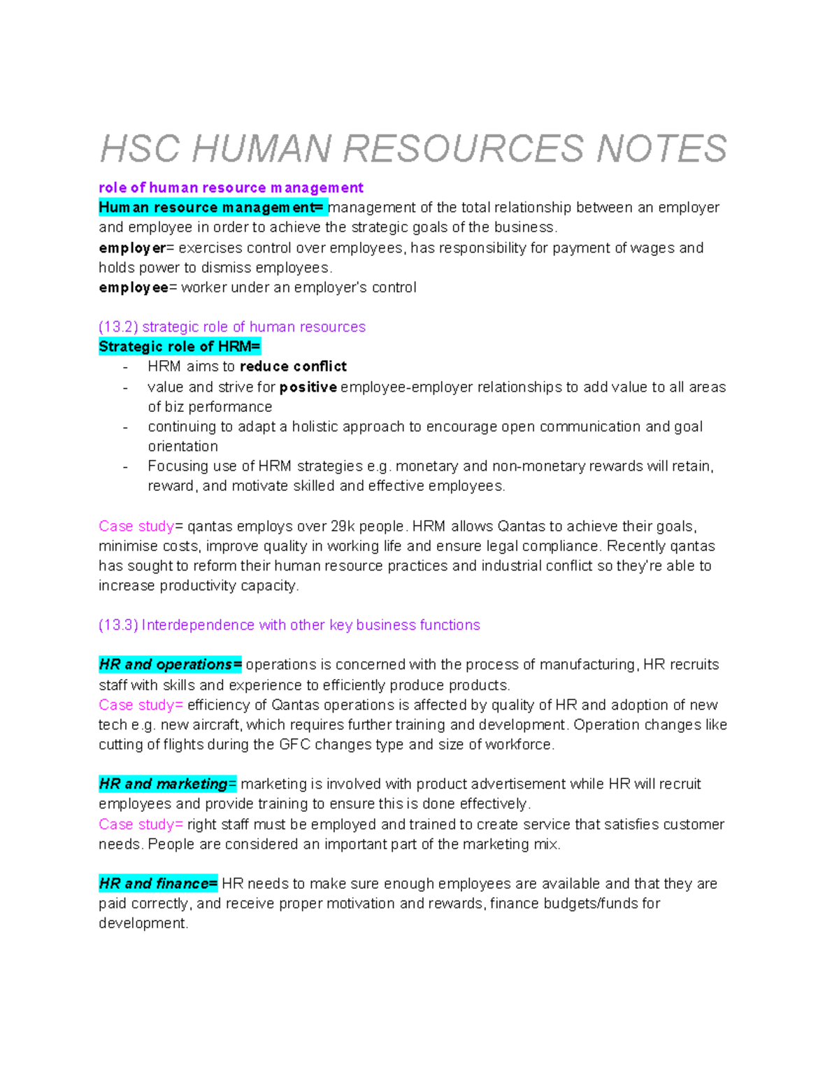 Human Resources - HR NOTES - HSC HUMAN RESOURCES NOTES role of human ...