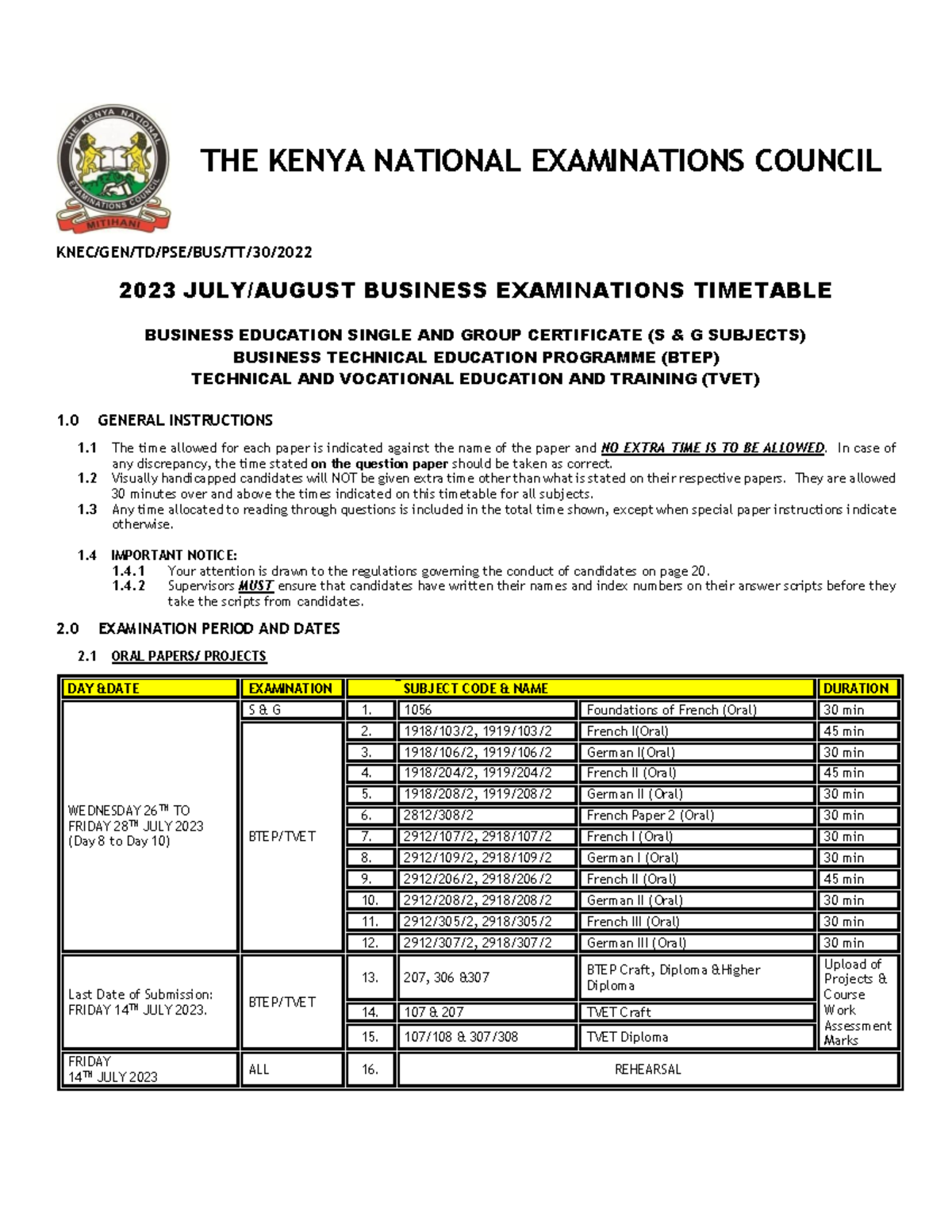 July 2023 Business Timetable - THE KENYA NATIONAL EXAMINATIONS COUNCIL ...