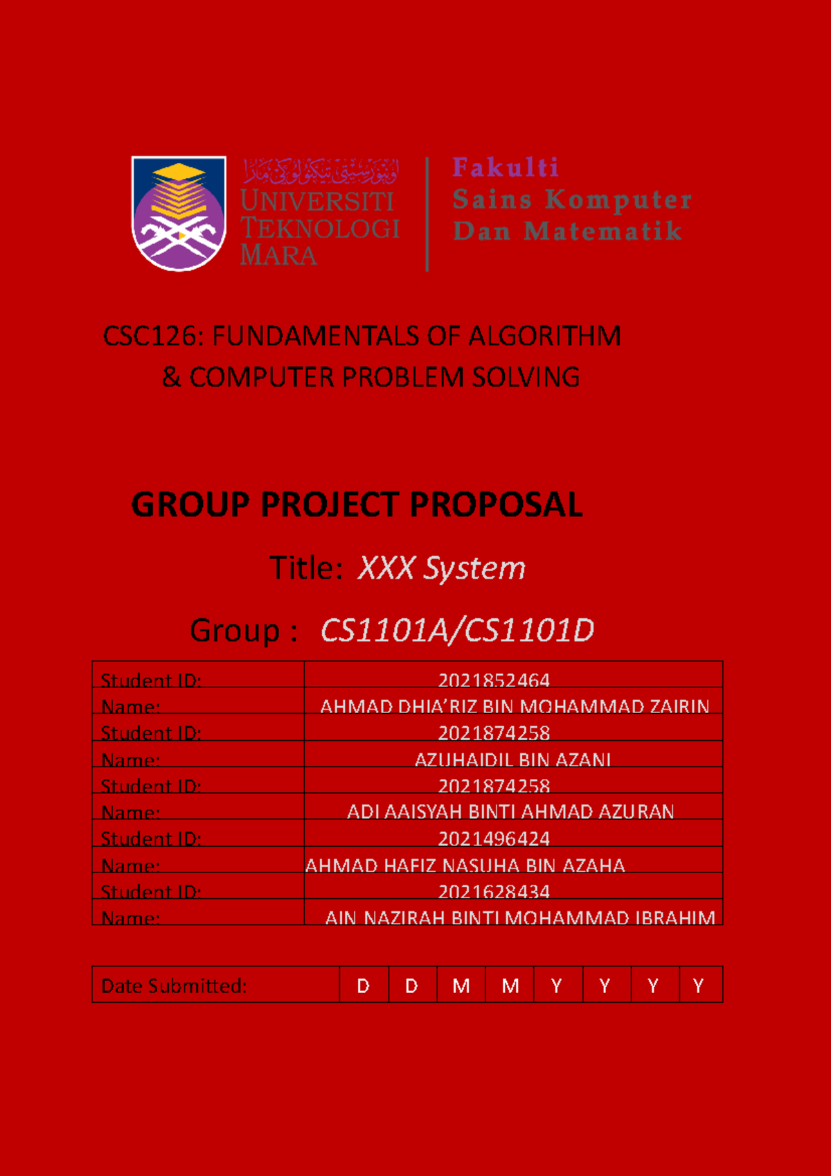 CSC126 Project Proposal CSC126 FUNDAMENTALS OF ALGORITHM COMPUTER
