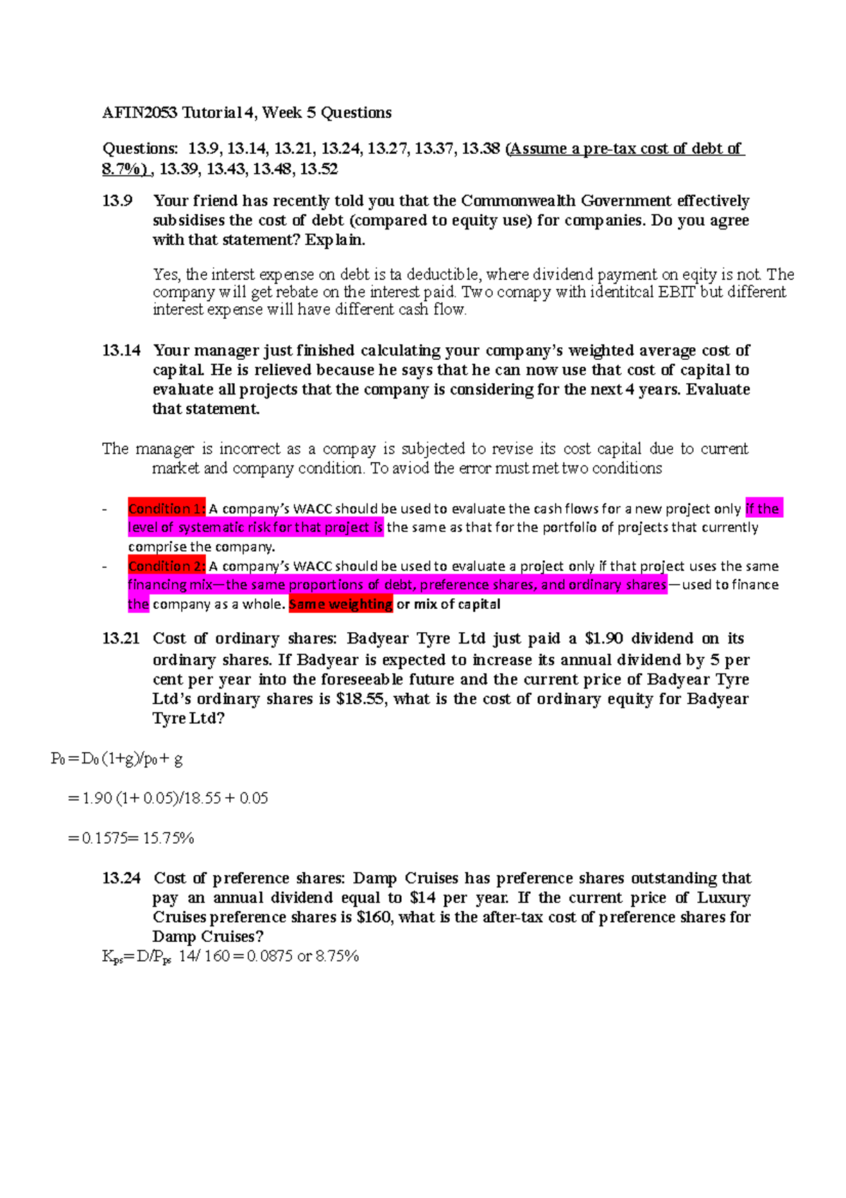 AFIN2053 Week 5 Topic 4 Questions - AFIN2053 Tutorial 4, Week 5 Questions Questions: 13, 13, 13 ...
