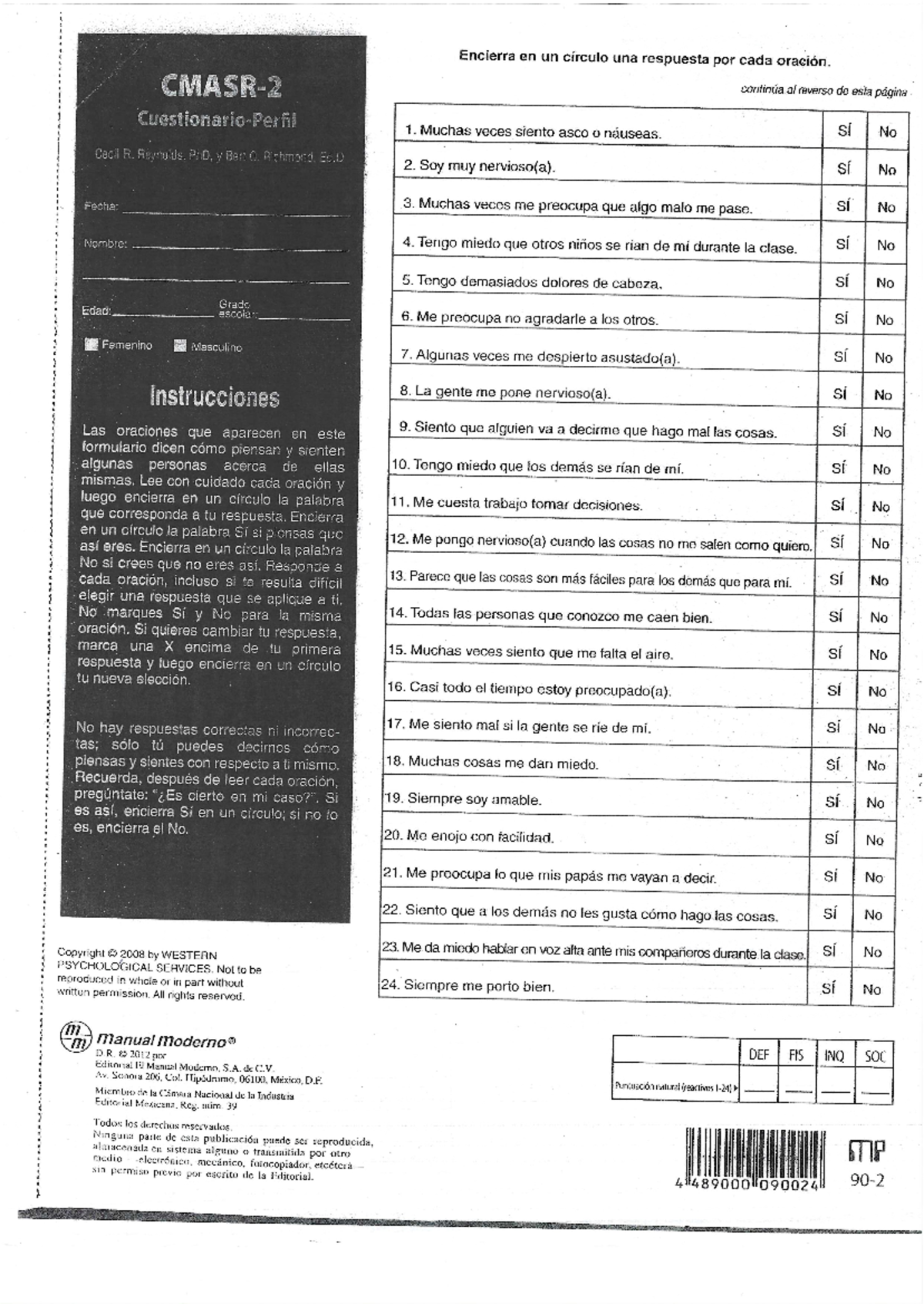 Escala CMAS-R2 - Psicometría - Studocu