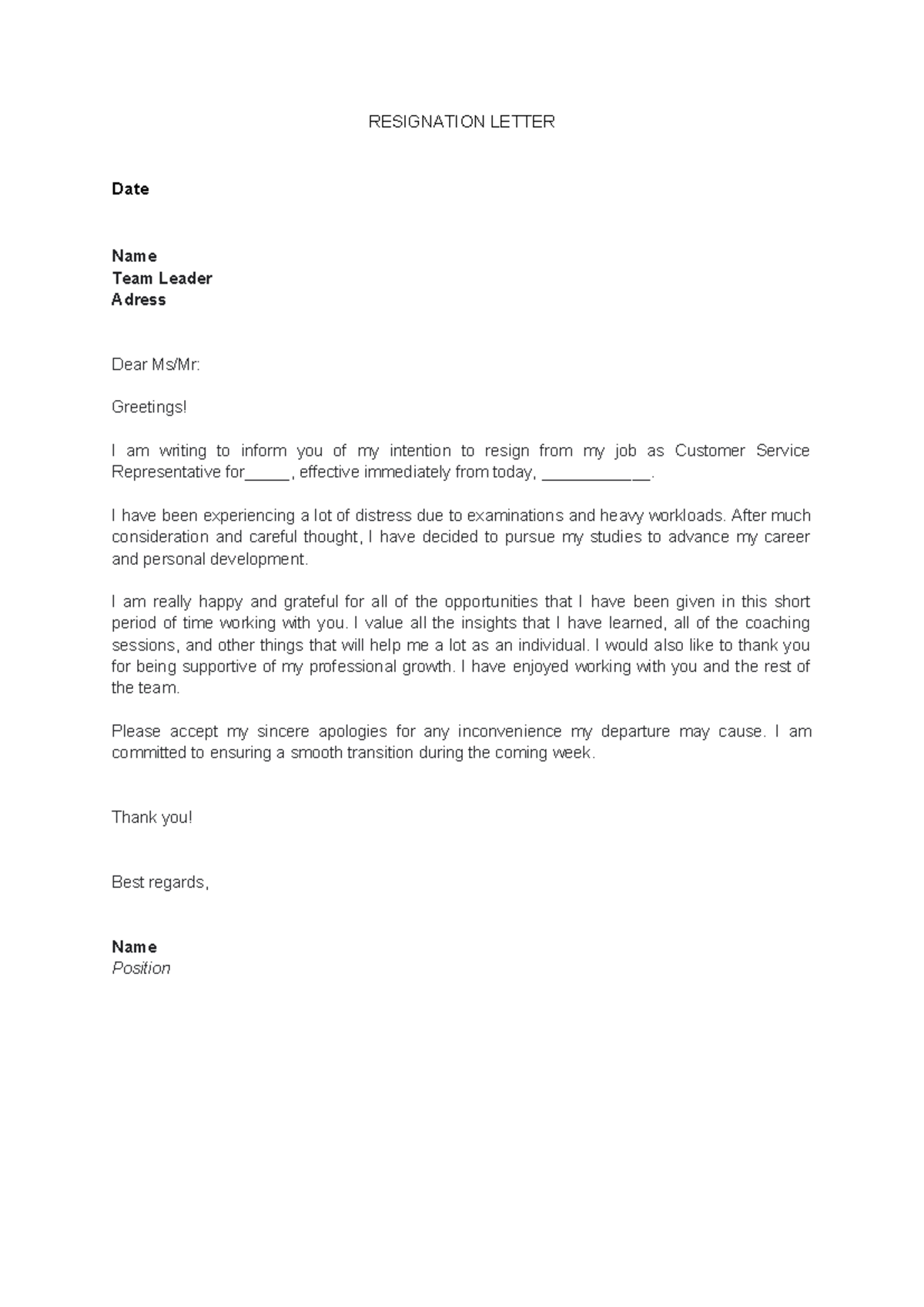 Resignation Letter - RESIGNATION LETTER Date Name Team Leader Adress ...