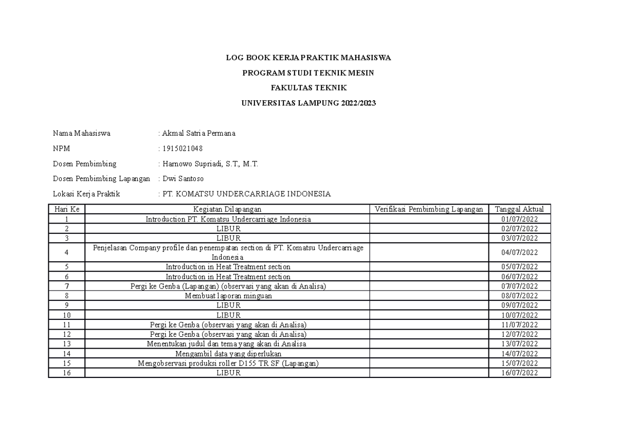 Logbook KP Akmal Satria Permana - LOG BOOK KERJA PRAKTIK MAHASISWA ...