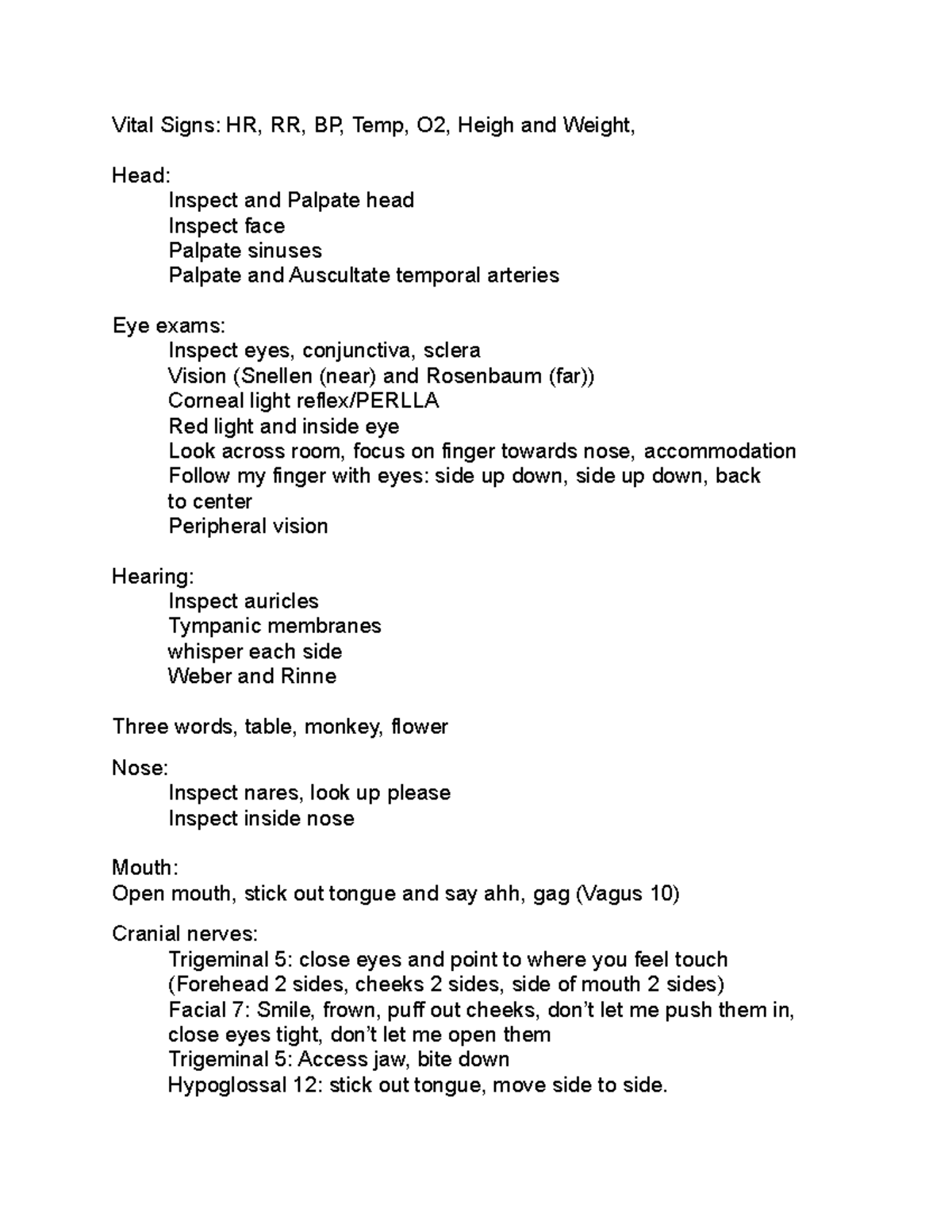 Final physical exam outline - Vital Signs: HR, RR, BP, Temp, O2, Heigh ...