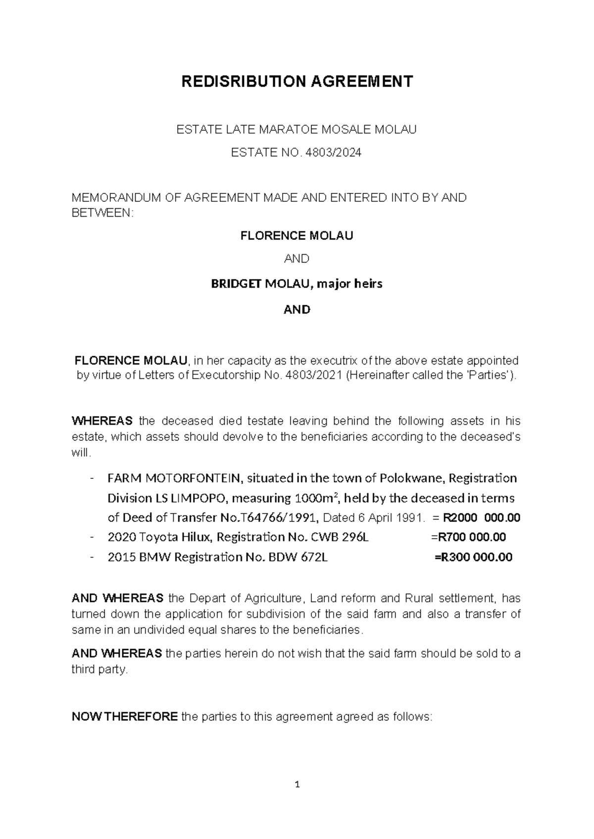 Redisribution Agreement UL - REDISRIBUTION AGREEMENT ESTATE LATE ...