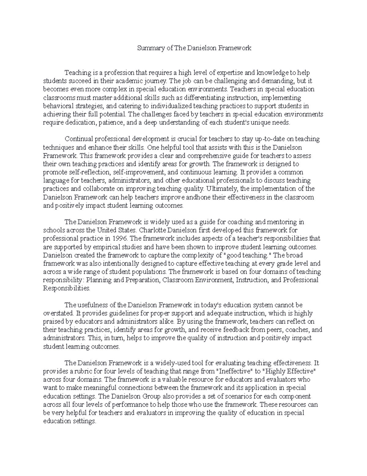 Summary of The Danielson Framework - Summary of The Danielson Framework ...