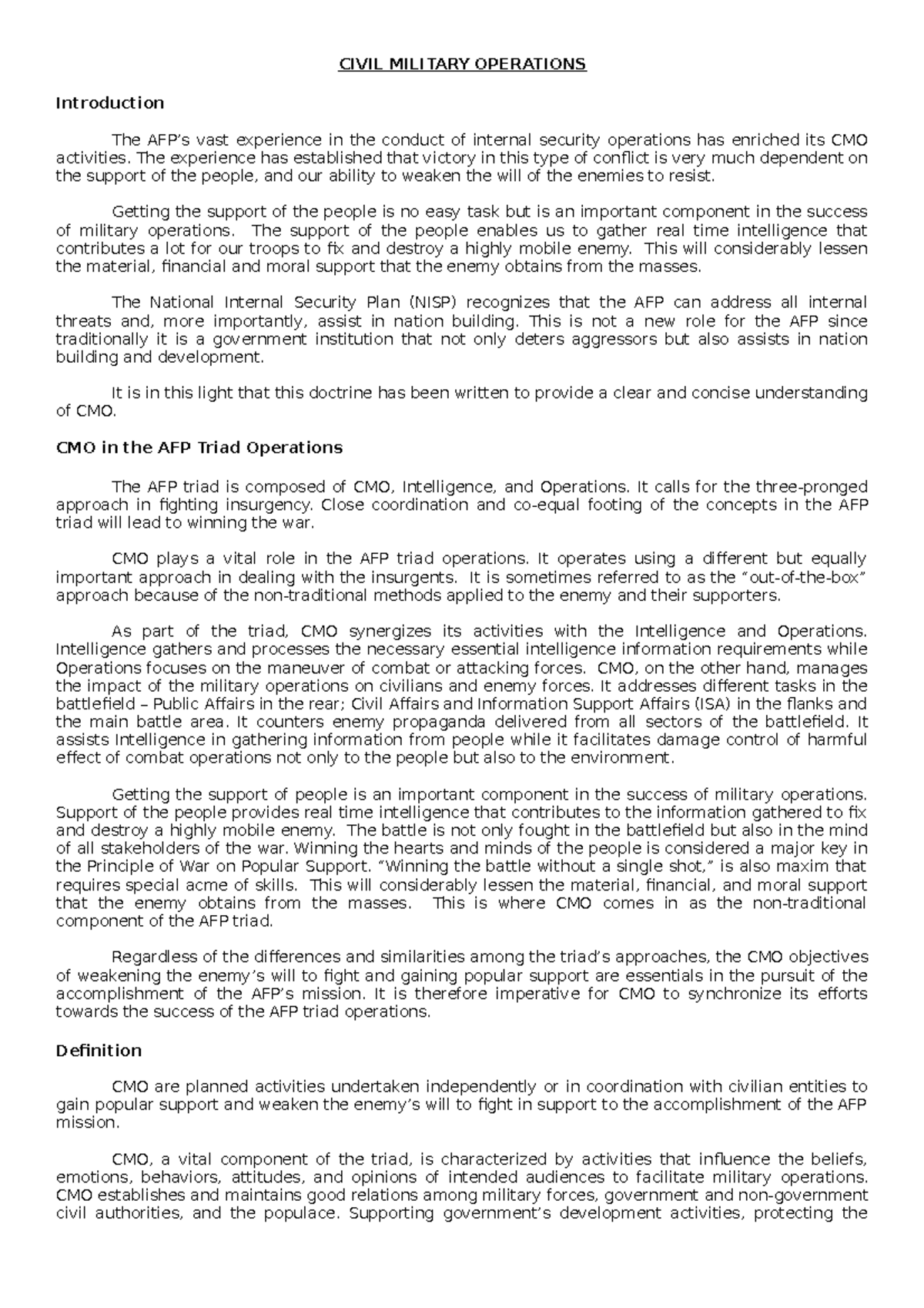 MS 3 - 11 Intro to CMO - CIVIL MILITARY OPERATIONS Introduction The AFP ...