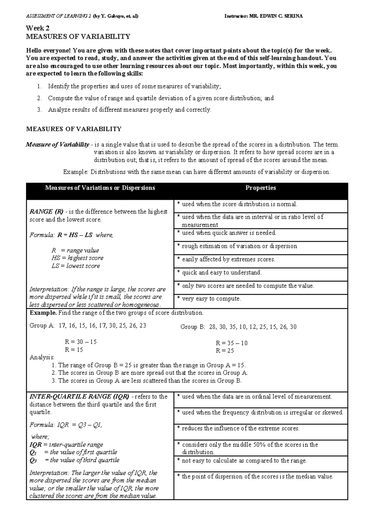 AL2-week-2 - ASSESSMENT OF LEARNING 2 (by Y. Gabuyo, et. al) Instructor ...