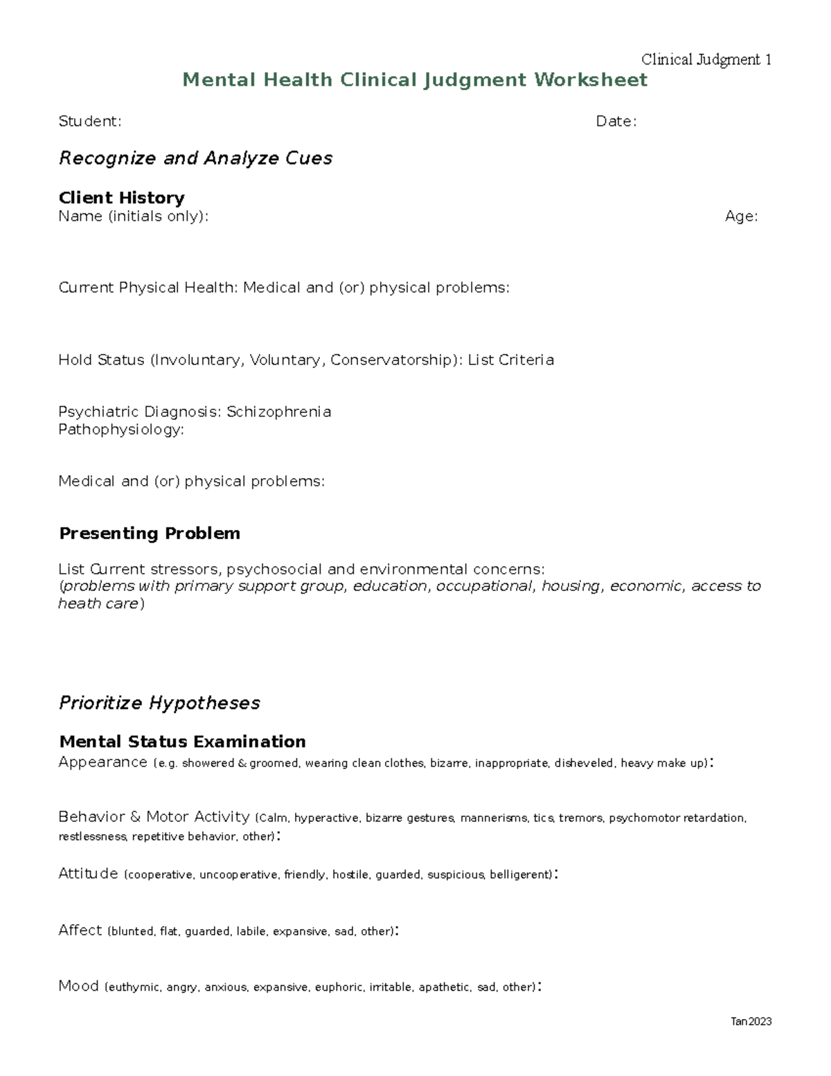 Schizophrenia Clinical Judgment Worksheet - Mental Health Clinical ...