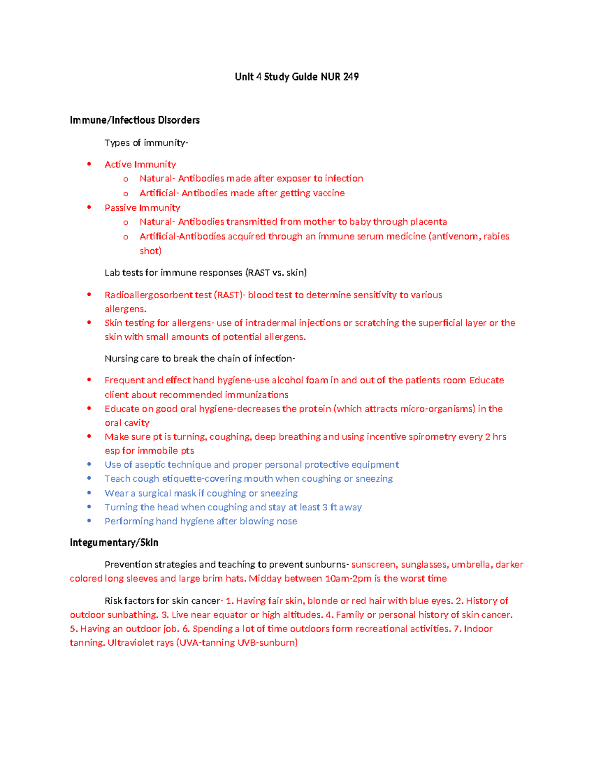 Unit 4 Study Guide NUR 249 - Unit 4 Study Guide NUR 249 Immune ...