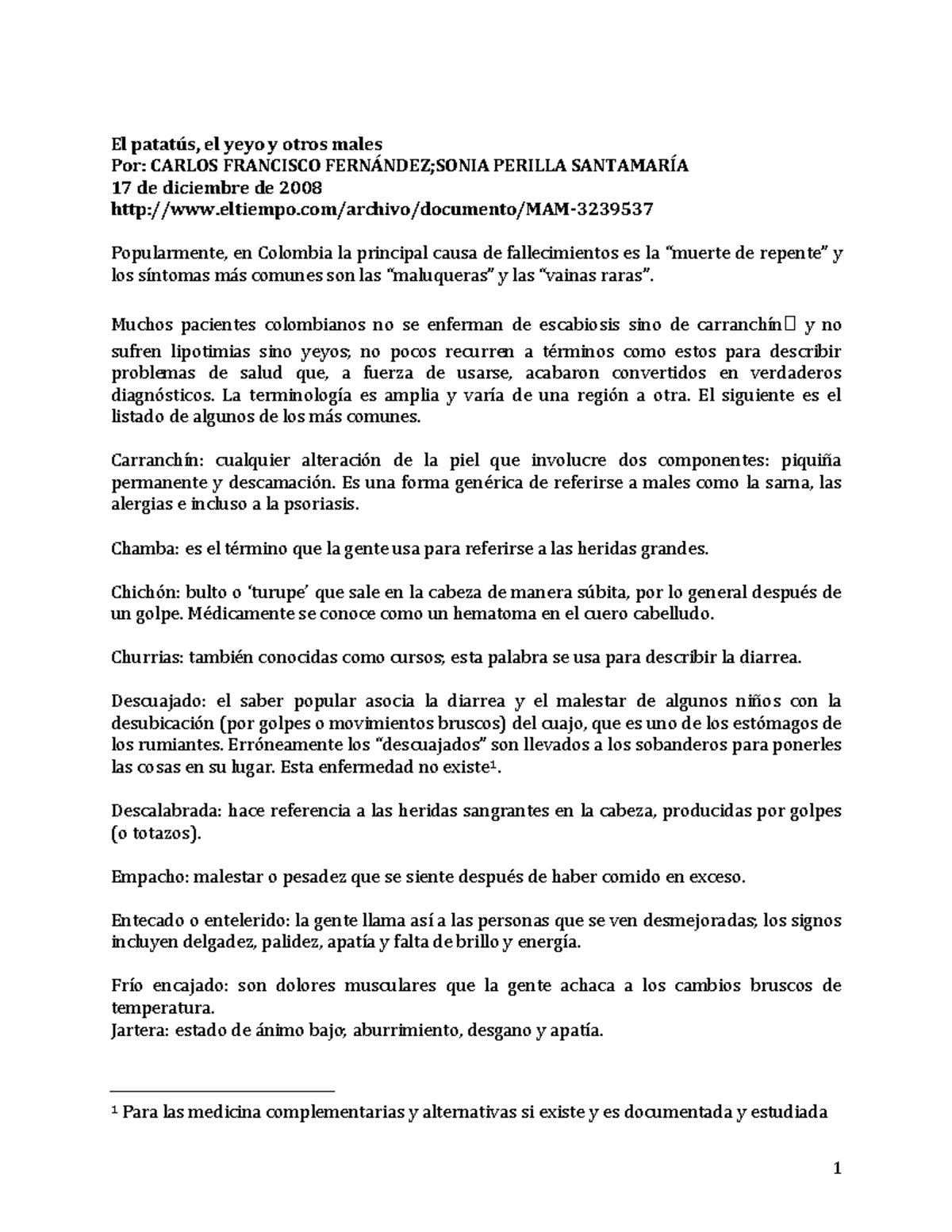 El patatús - Rexto refelxivo sobre nombres de enfermedades en colombia ...