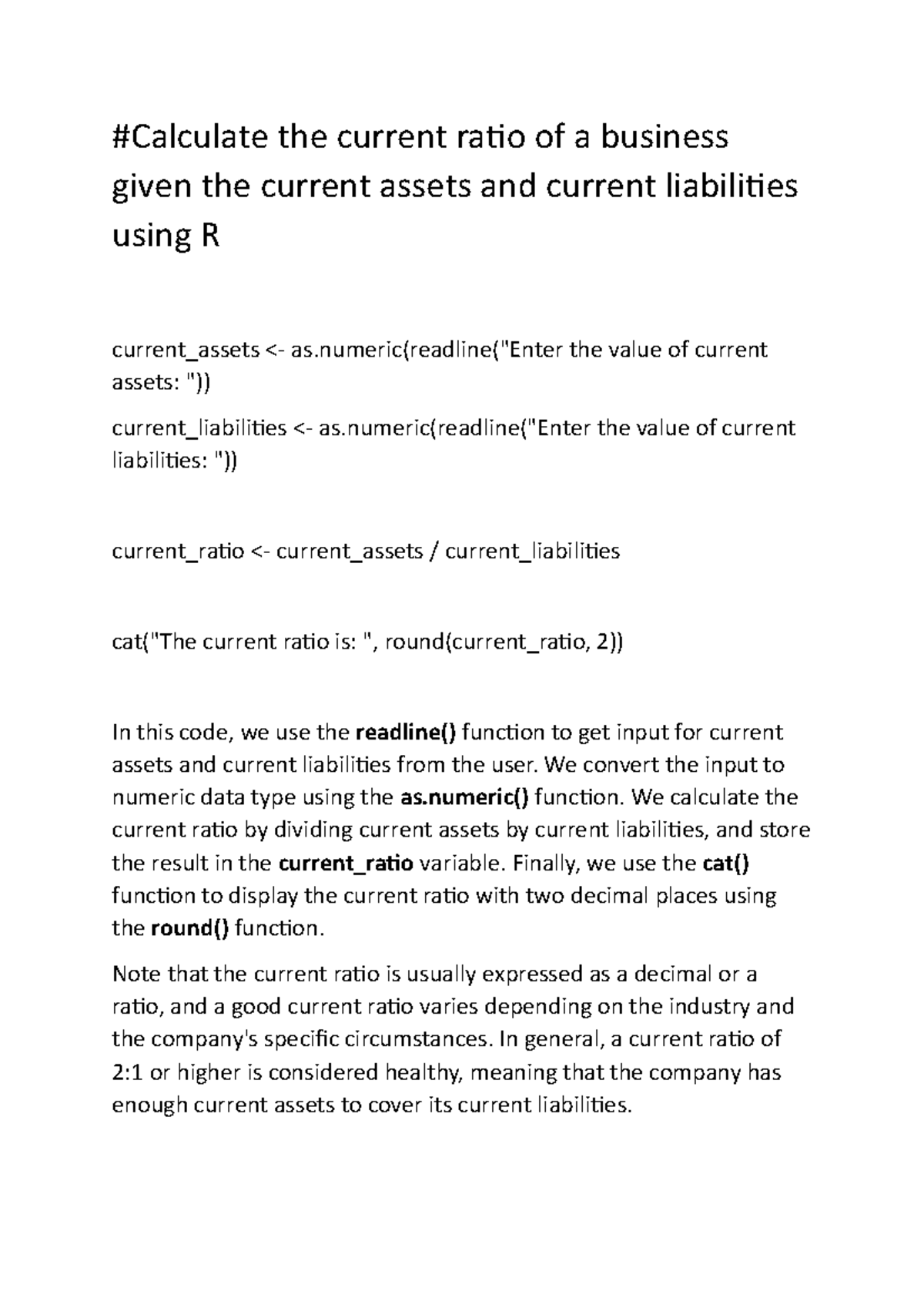 Assets and current liabilities using R - #Calculate the current ratio ...