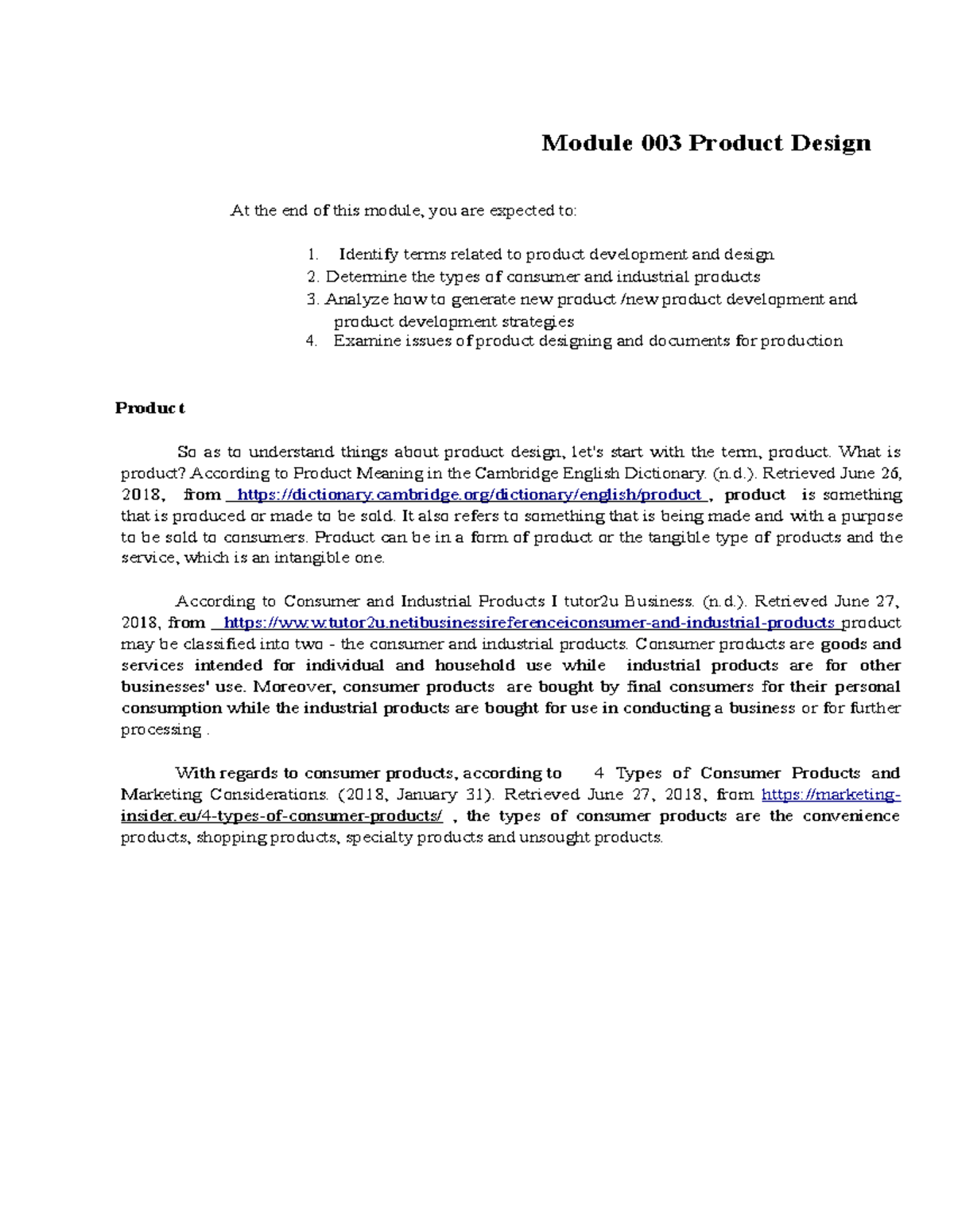 TQM 3 - Tqm - Module 003 Product Design At the end of this module, you ...