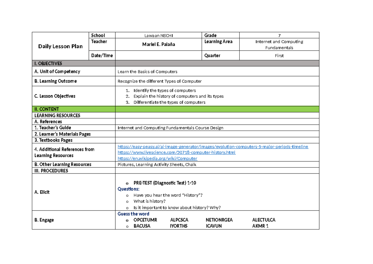 Q1 ICF WK1 DAY1 - Daily Lesson Plan School Lawaan NSCHI Grade 7 Teacher ...