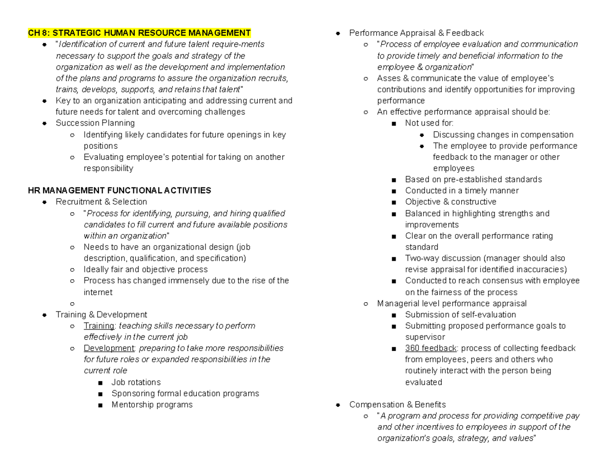 CH8 Study Guide - Intro to Mgt - CH 8: STRATEGIC HUMAN RESOURCE ...