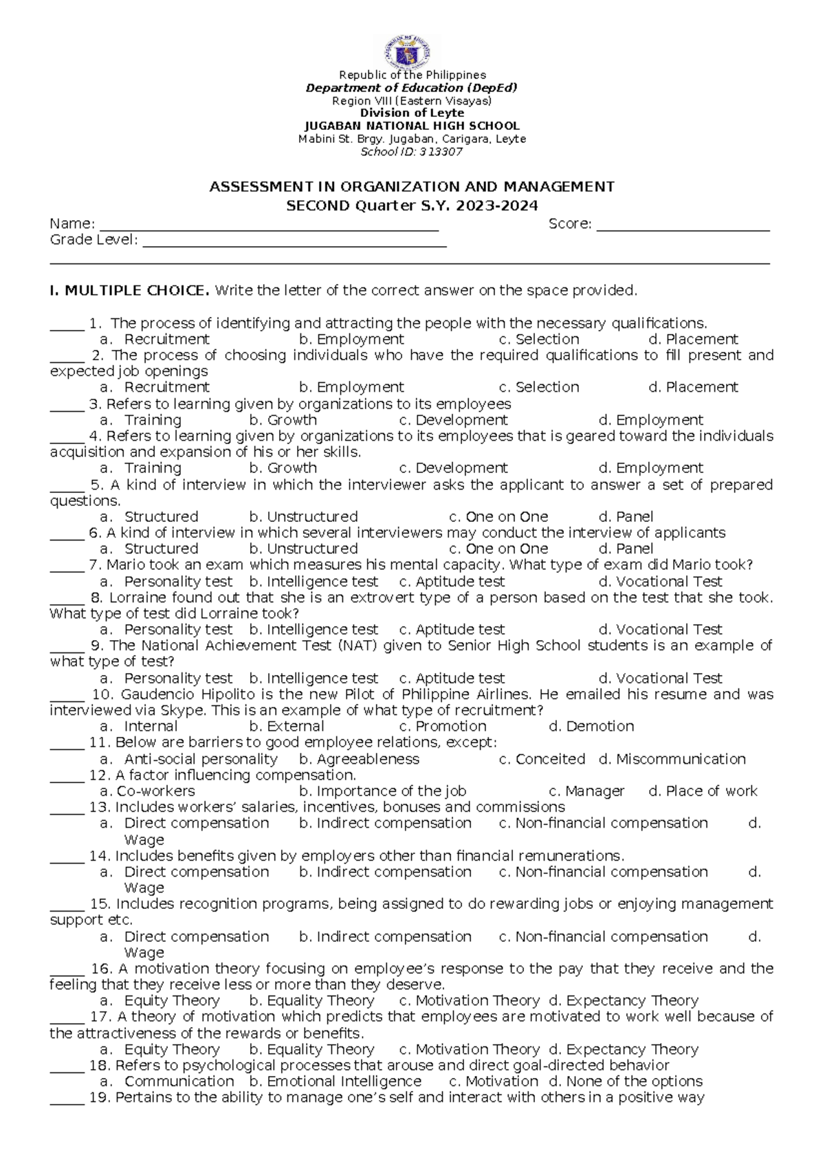 Assessment Org&Mgt - Republic of the Philippines Department of ...