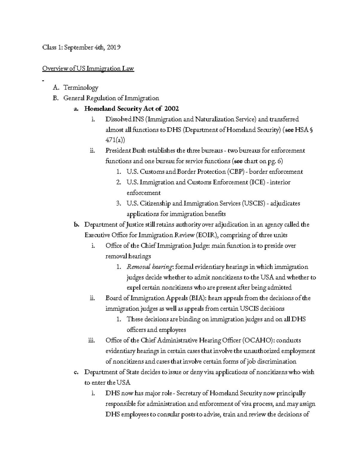 Immigration Law - Lecture notes All - Class 1: September 4th, 2019 ...