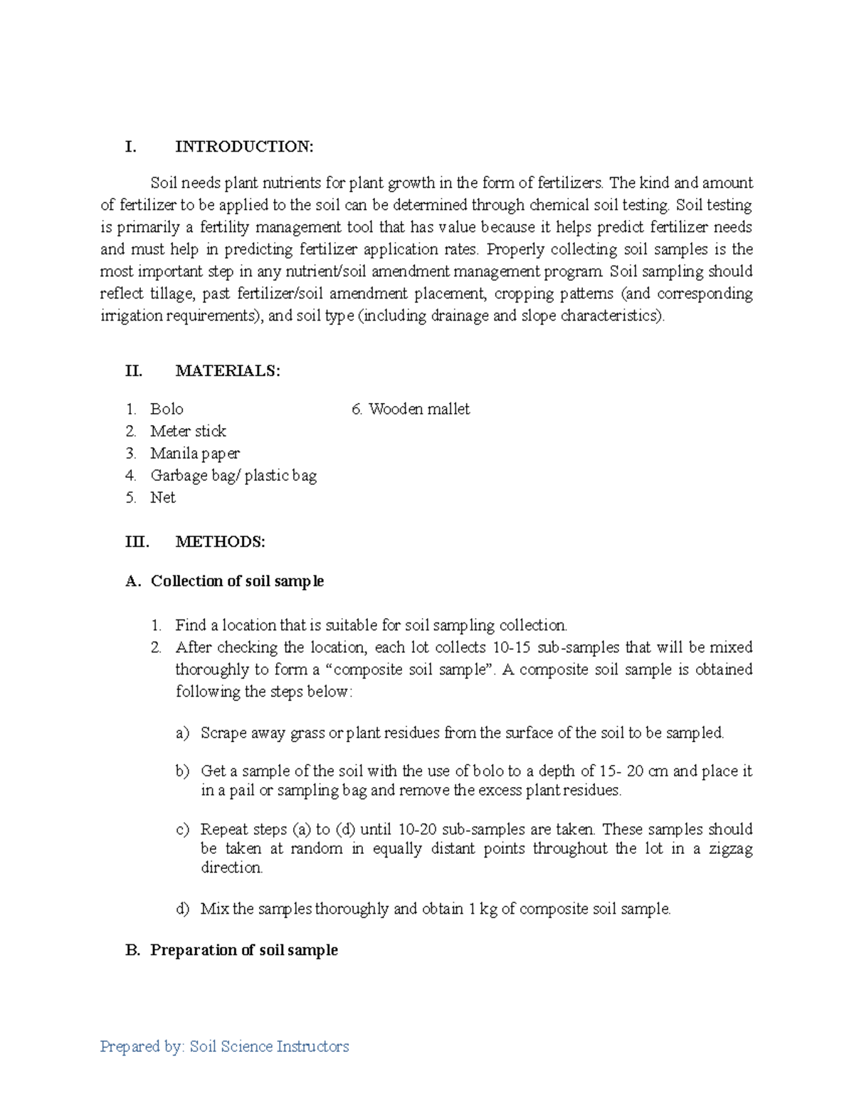 Unit-I-Laboratory-Exercise-1b - I. INTRODUCTION: Soil needs plant ...