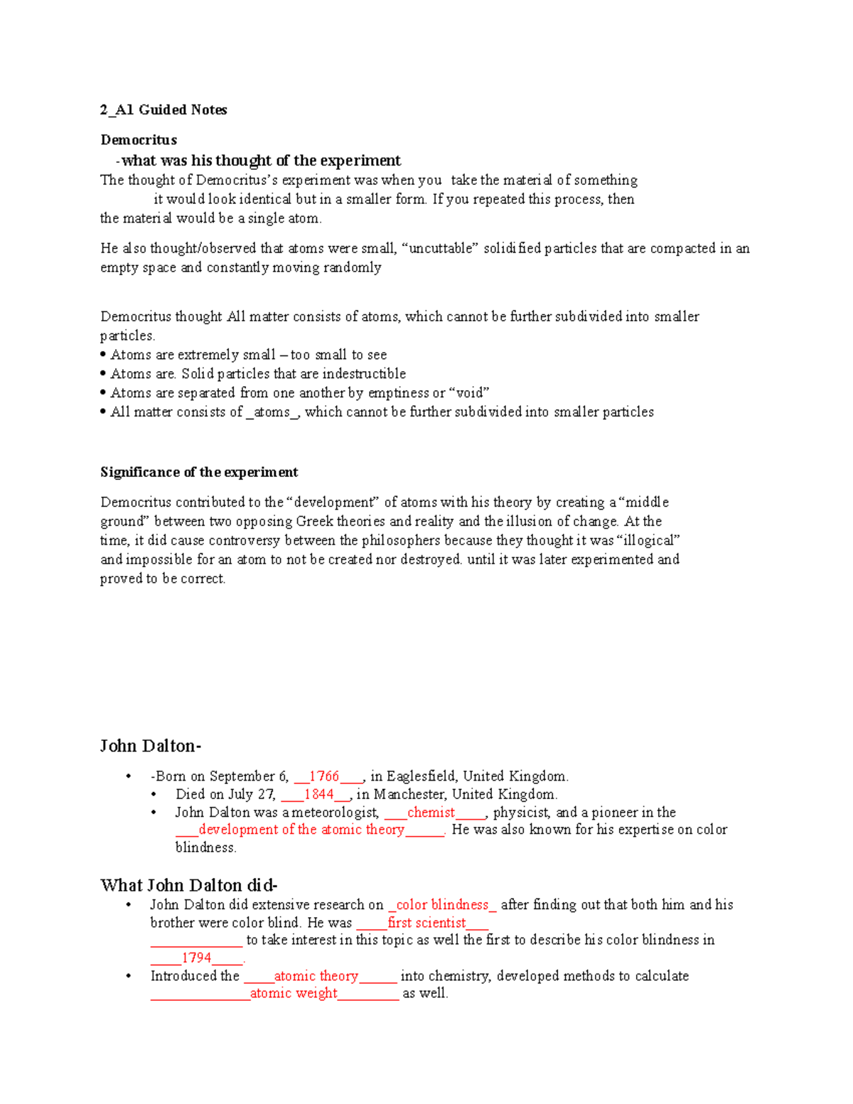 2 A1 Atomic theory - 2_A1 Guided Notes Democritus - what was his ...
