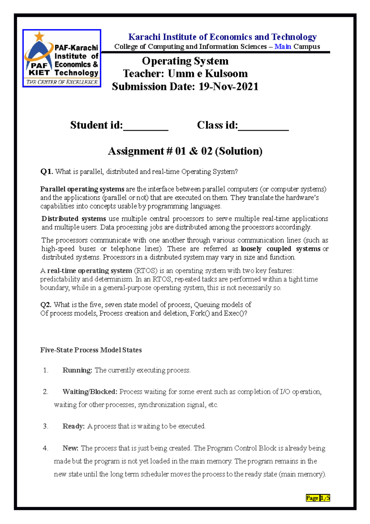 OS Assignment 1 Fall 2021 Soln - qQu Karachi Institute of Economics and ...
