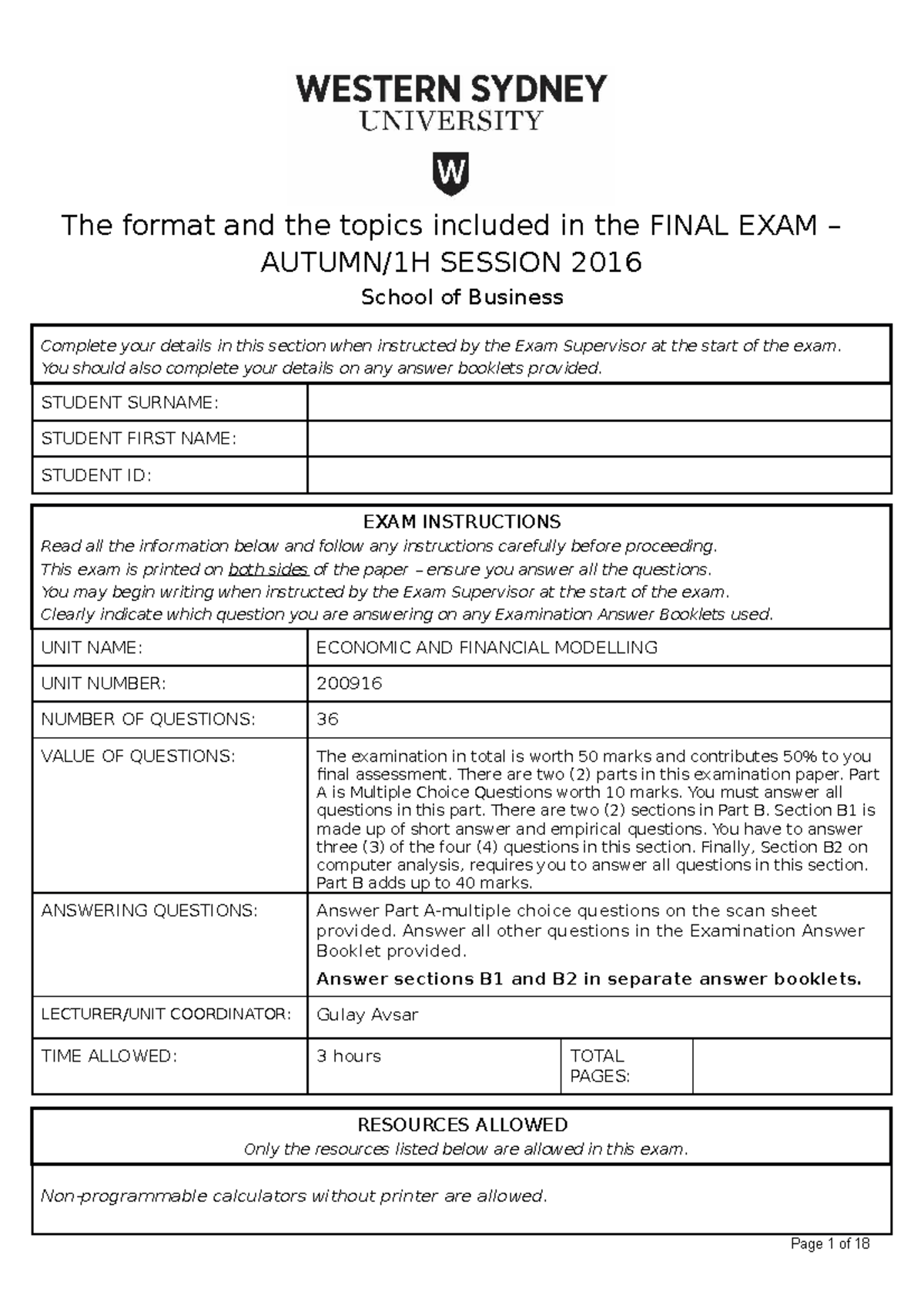 Sample Final exam 1 June 2016, questions - The format and the topics ...
