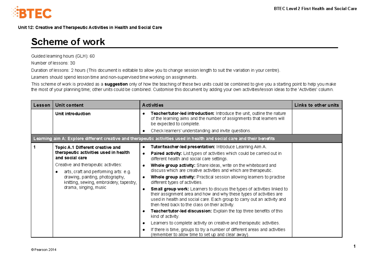 BTEC12 First HSC U12 SOW - Unit 12: Creative and Therapeutic Activities ...