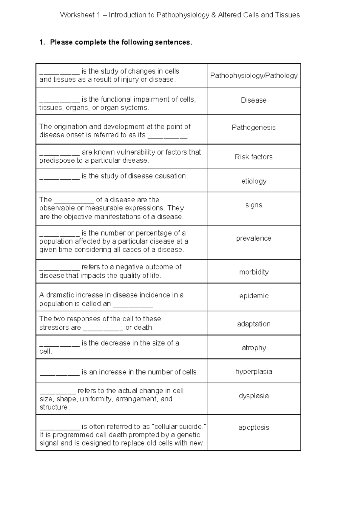 Worksheet 1 Med Path - Please complete the following sentences ...