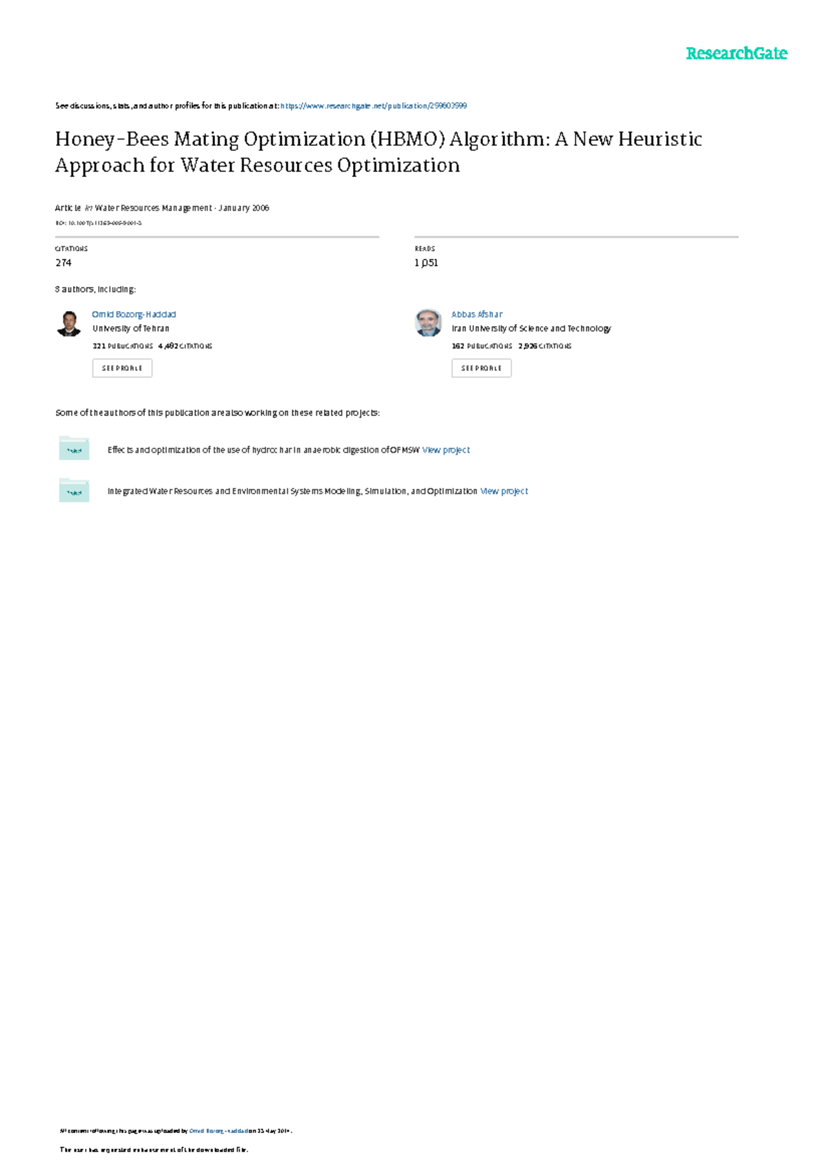 Honey Bees Mating Optimization Hbmo Algorithm A Ne See Discussions Stats And Author Profiles
