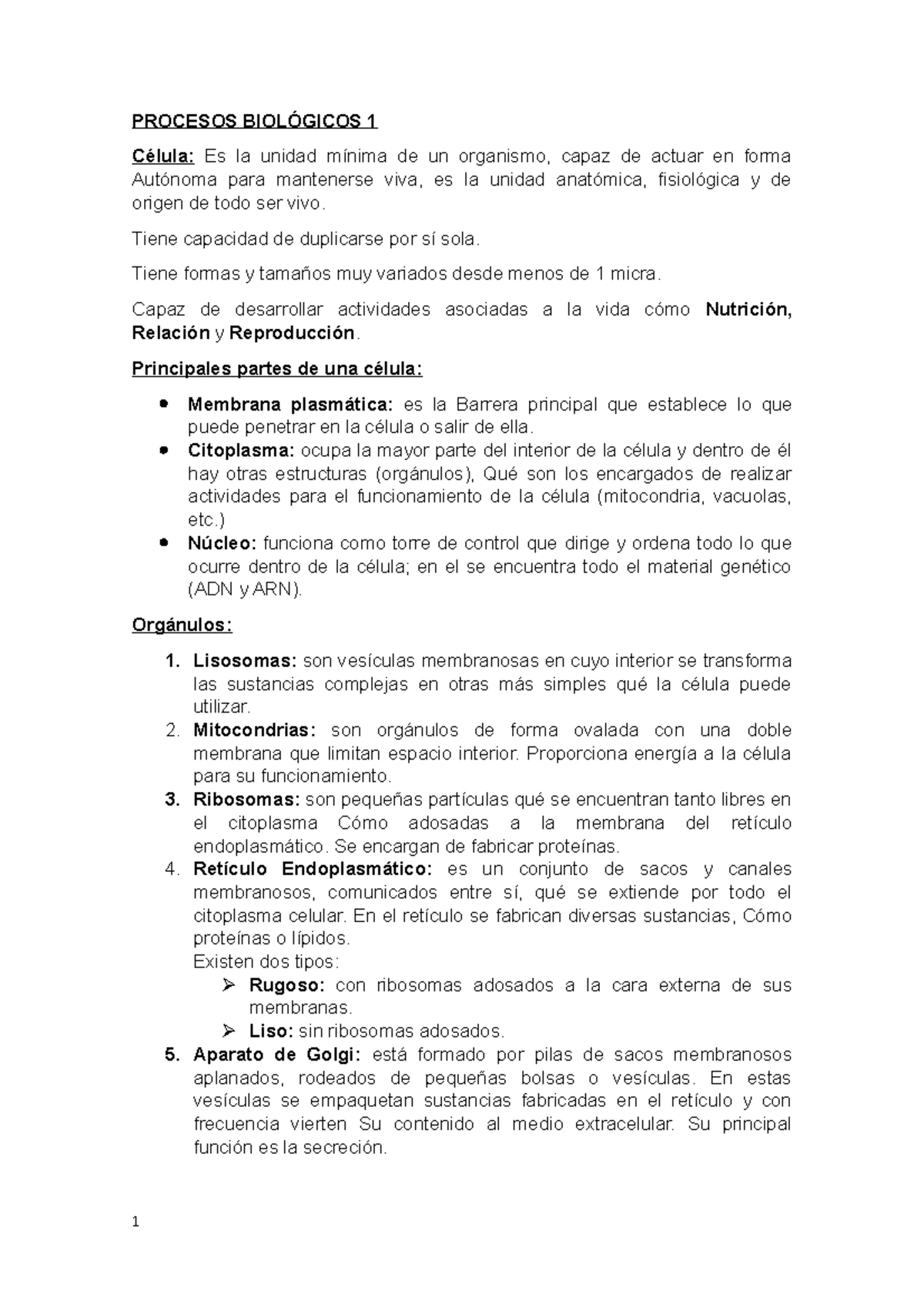 Resumen para Finalizar Procesos Biológicos 1 - PROCESOS BIOLÓGICOS 1 ...