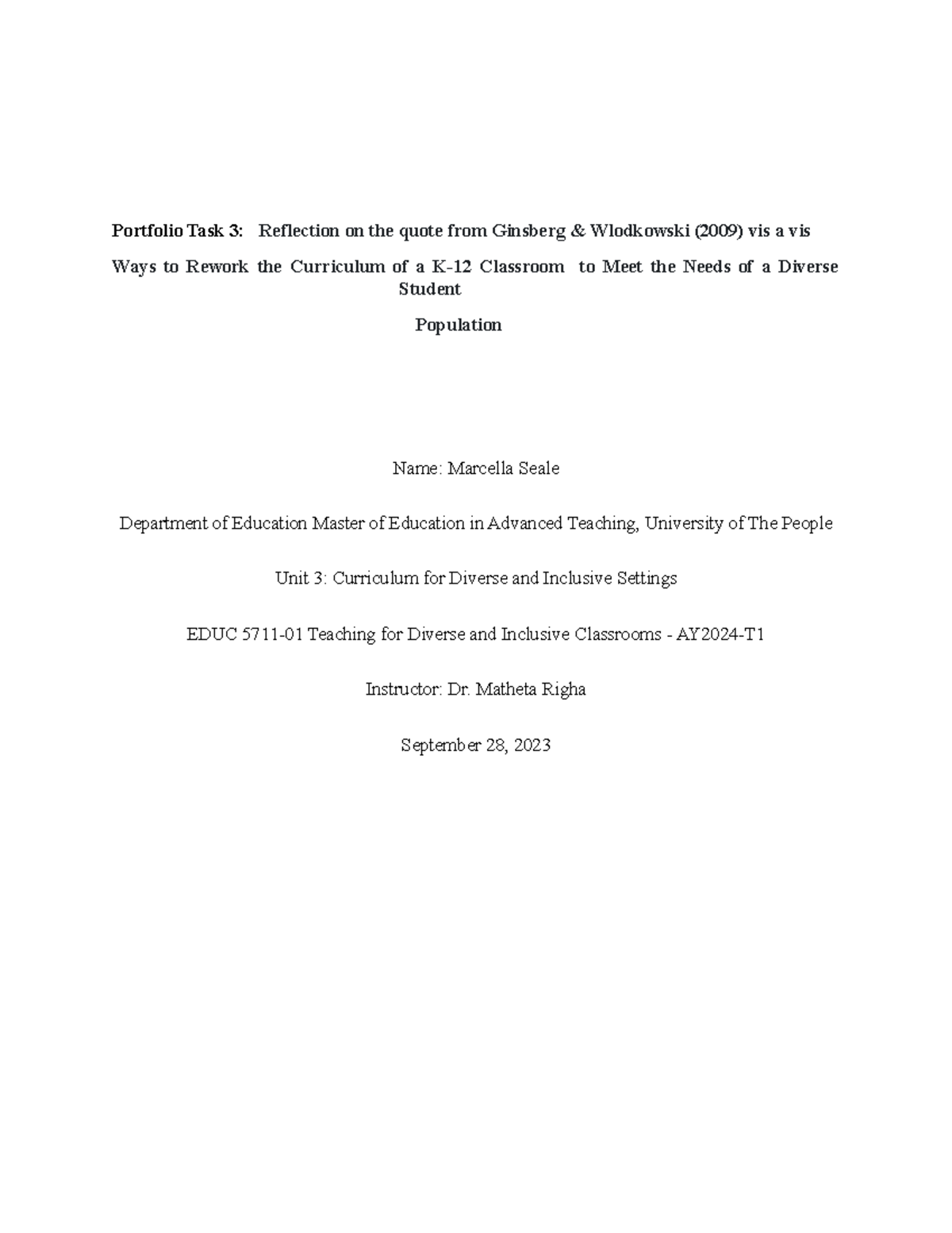 Portfolio Task 3 for Unit 3 of EDUC5711 - Portfolio Task 3: Reflection on the quote from ...