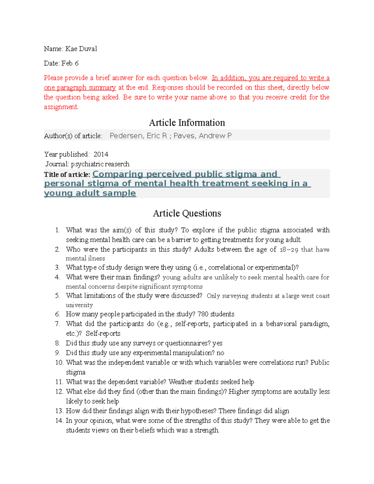 Article Summary Assignment - Name: Kae Duval Date: Feb 6 Please provide ...