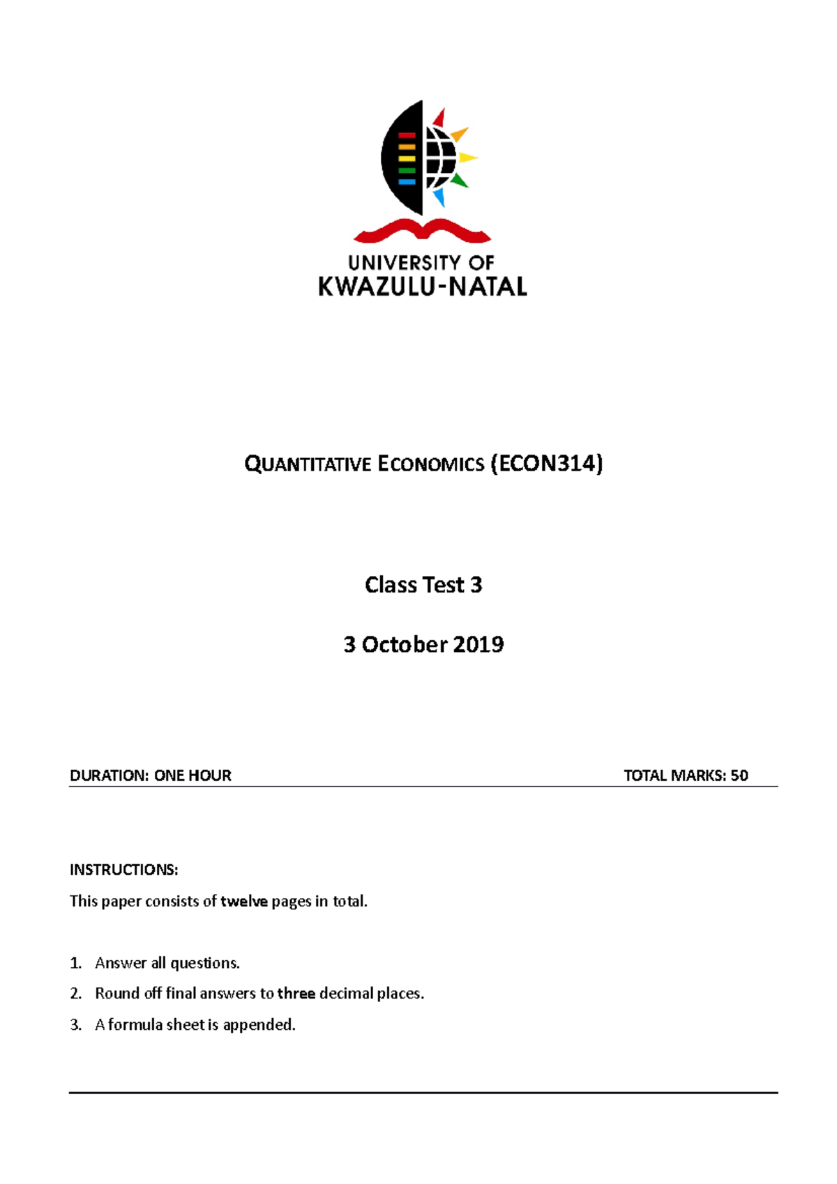 Class Test 3 2019 Final - Moodle - QUANTITATIVE ECONOMICS (ECON314 ...