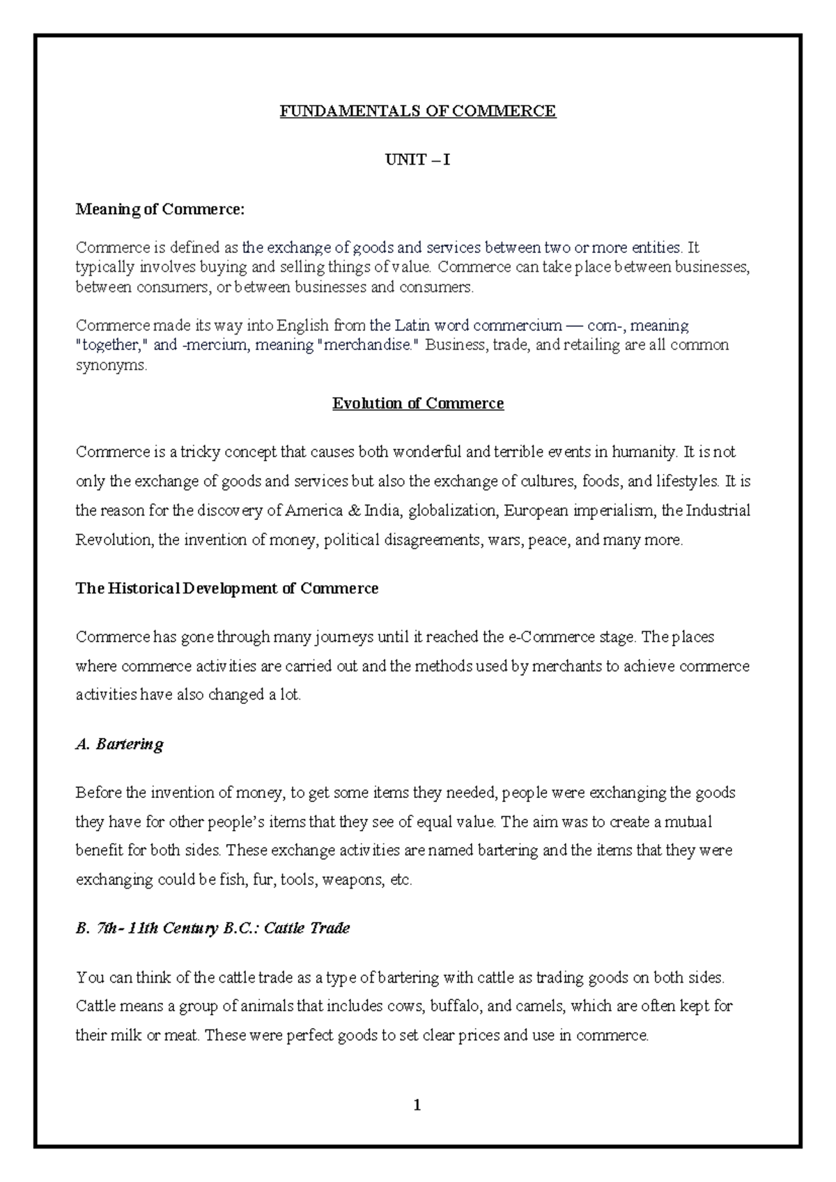 Fundamentals of Commerce - FUNDAMENTALS OF COMMERCE UNIT – I Meaning of ...