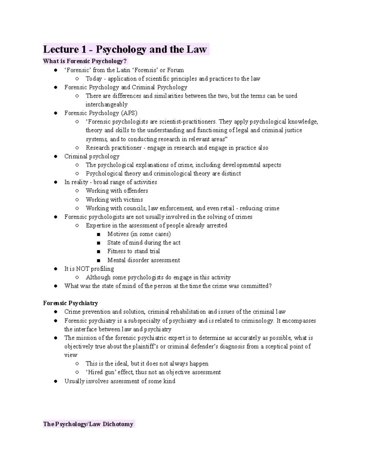 Psychology and the Law - Lecture 1 - Psychology and the Law What is ...