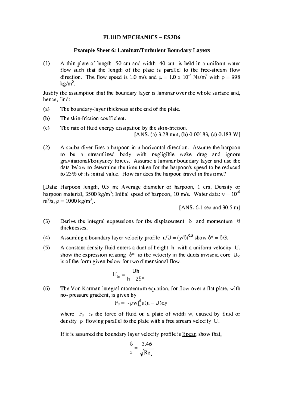 Fluid mechanics - question sheet 6 - FLUID MECHANICS – ES3D Example ...