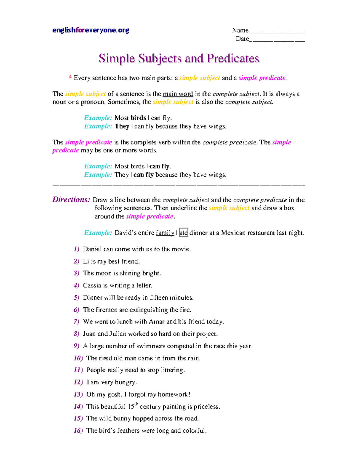 Simple Subjects and Predicates - englishforeveryone Name ...
