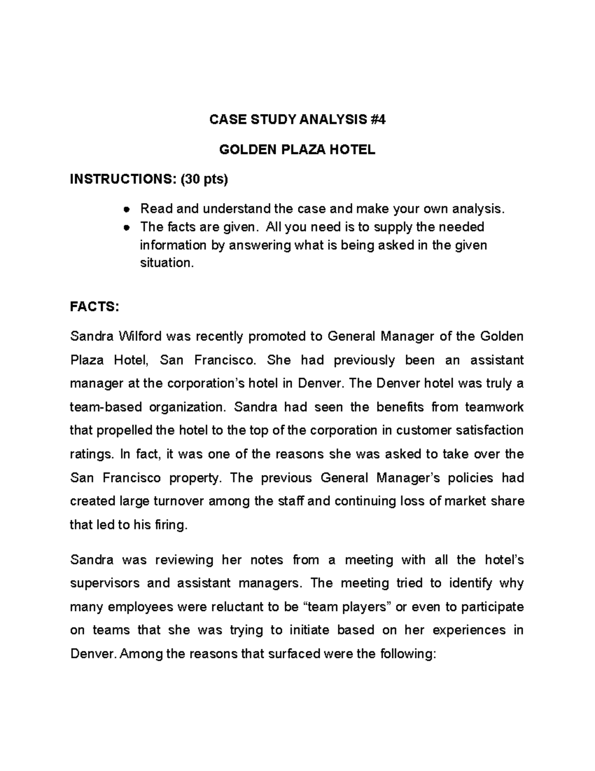 CASE Study Analysis #4 Golden Plaza Hotel - CASE STUDY ANALYSIS GOLDEN ...