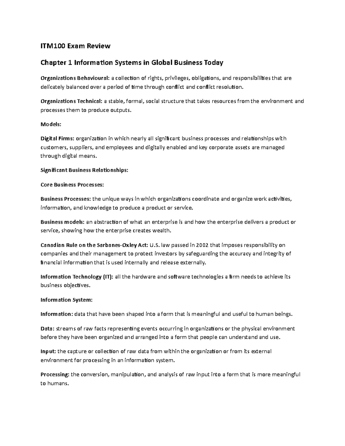 Lecture Notes Foundations Of Informations Systems Exam Review Itm100 Exam Review Chapter 1