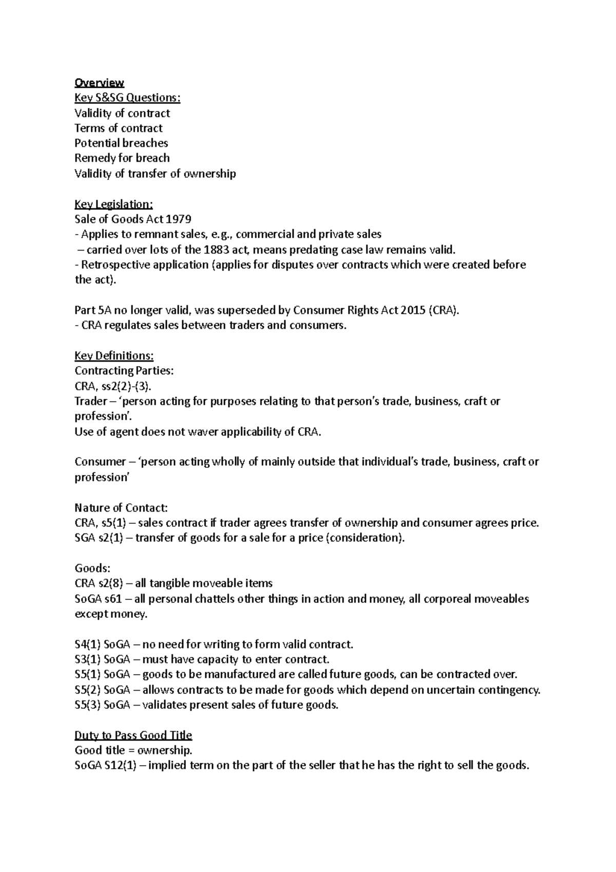 Commercial and Consumer Contracts 1 - Overview Key S&SG Questions ...