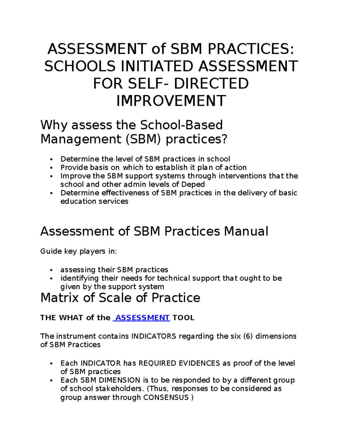 Assessment of SBM Practices - ASSESSMENT of SBM PRACTICES: SCHOOLS ...