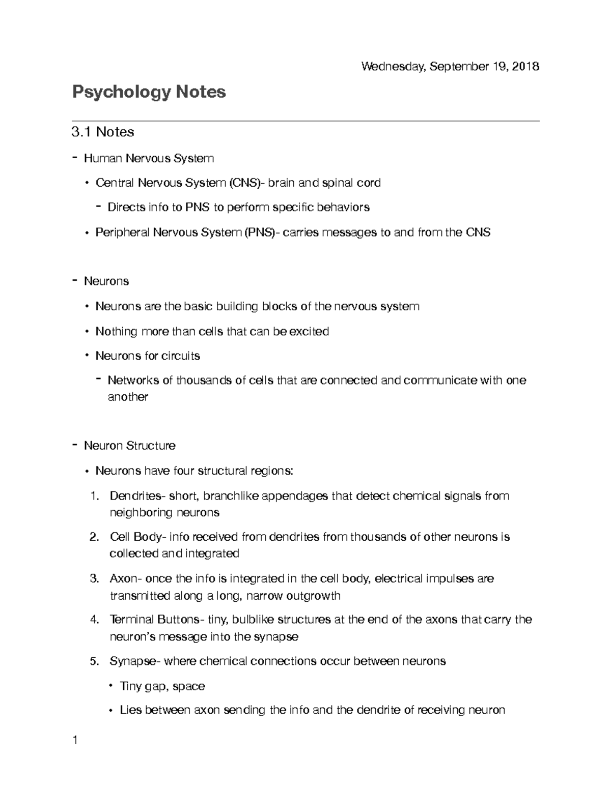 Psychology Notes-3 - Human nervous system and neurons - Wednesday ...