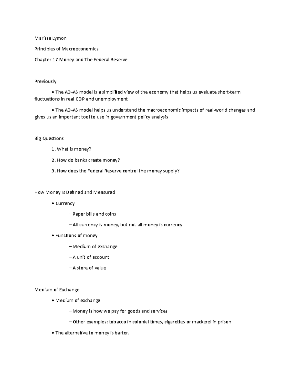 Chapter 17 Money and The Federal Reserve - Marissa Lymon Principles of ...