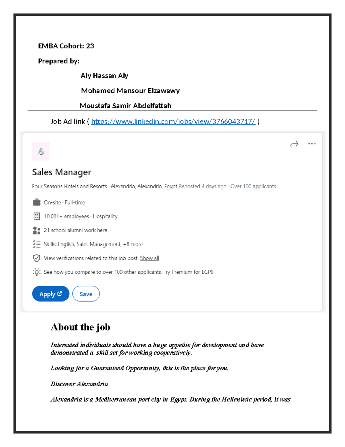 Job Advertisement - EMBA Cohort: 23 Prepared by: Aly Hassan Aly Mohamed Mansour Elzawawy ...