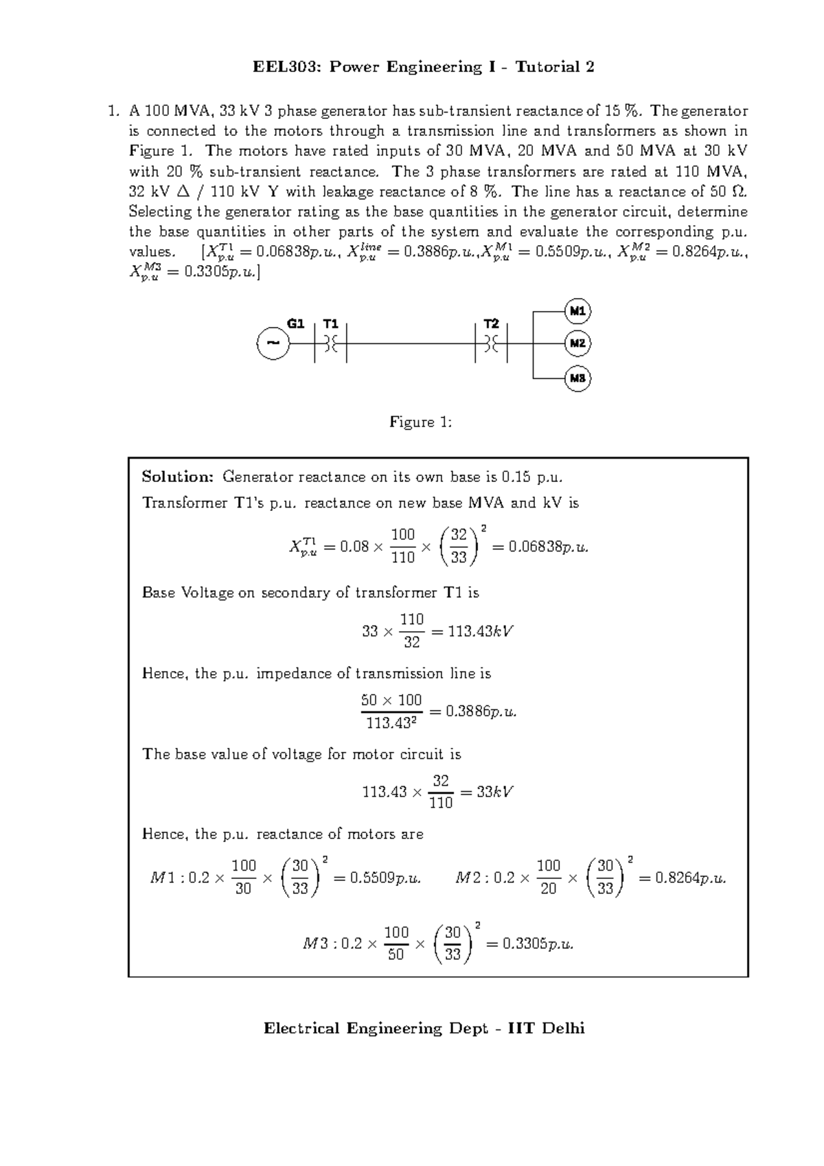 Power Engineering - I Tutorial 2 all solutions - A 100 MVA, 33 kV 3 ...