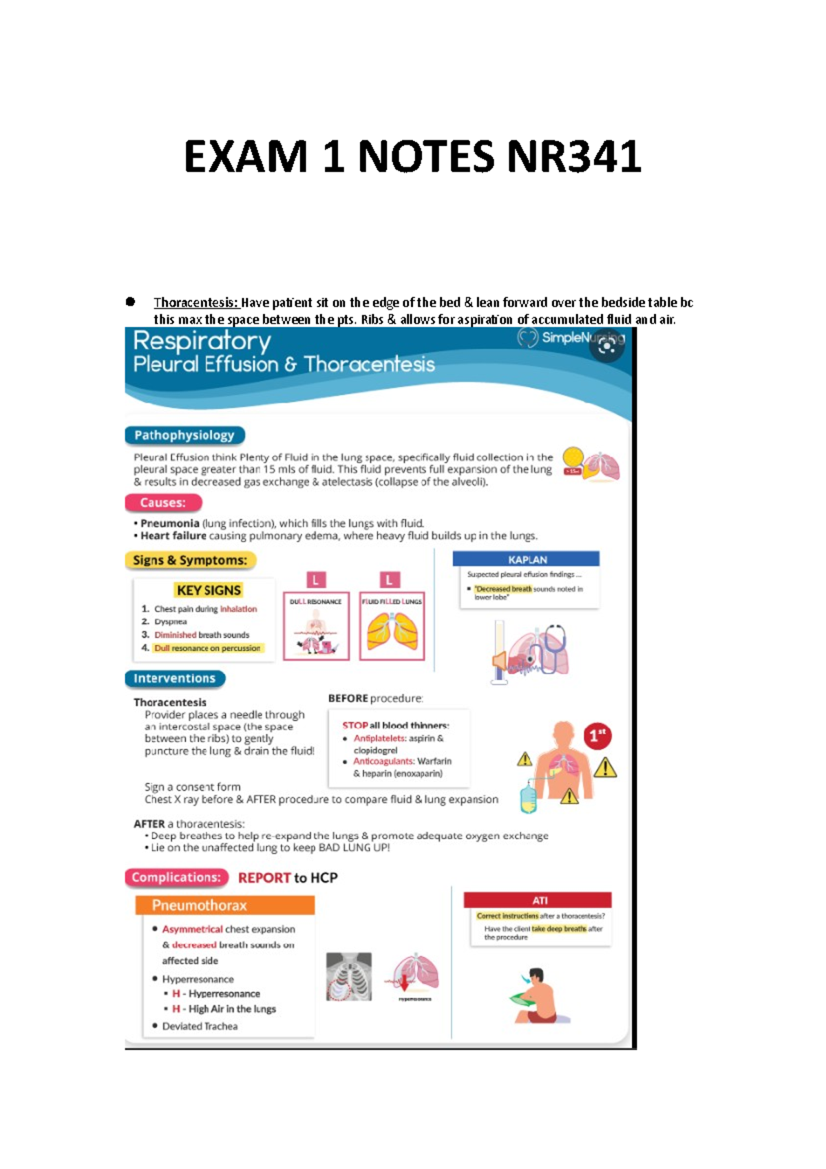 EXAM 1 Notes NR341 - EXAM 1 NOTES NR Thoracentesis: Have patient sit on ...