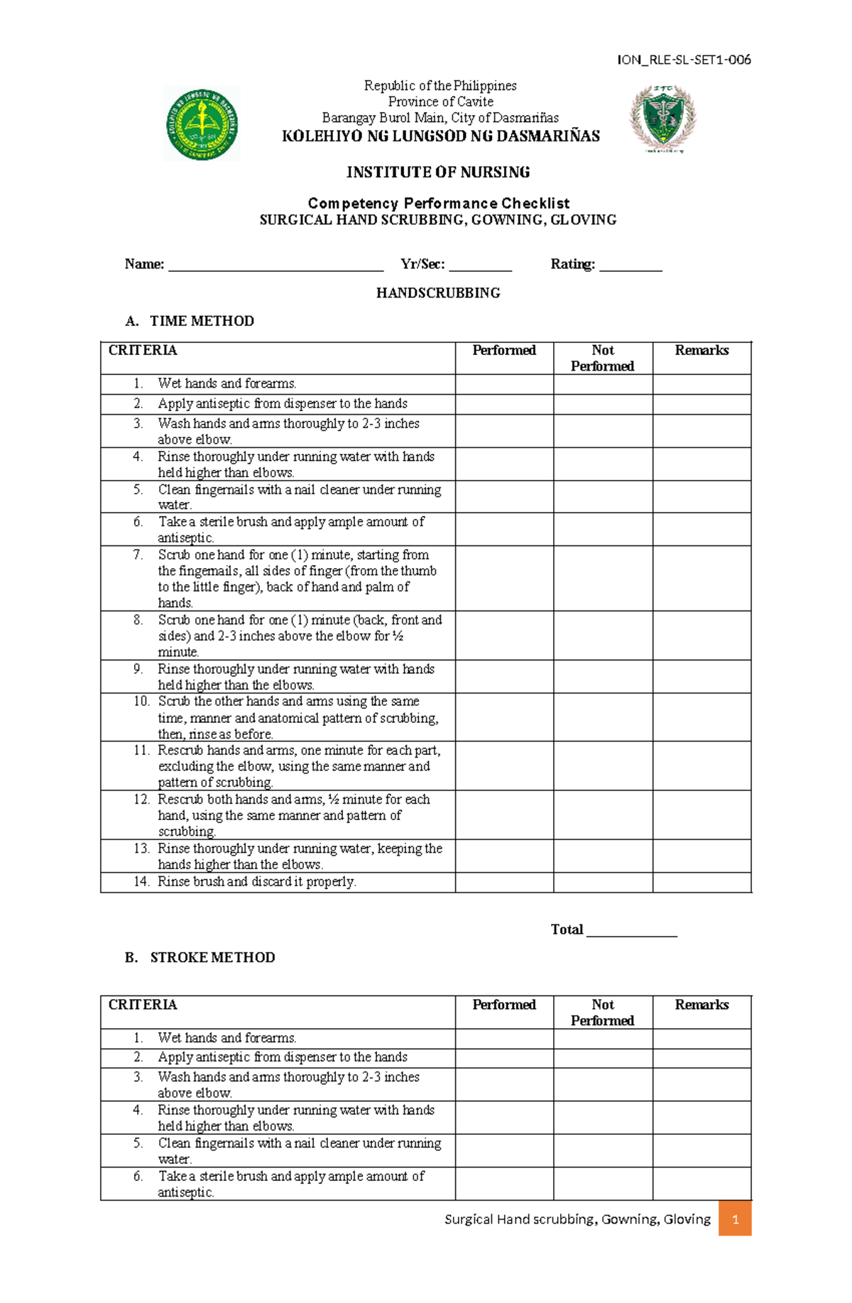 Surgical Handscrubbing Gowning Gloving - INSTITUTE OF NURSING ...