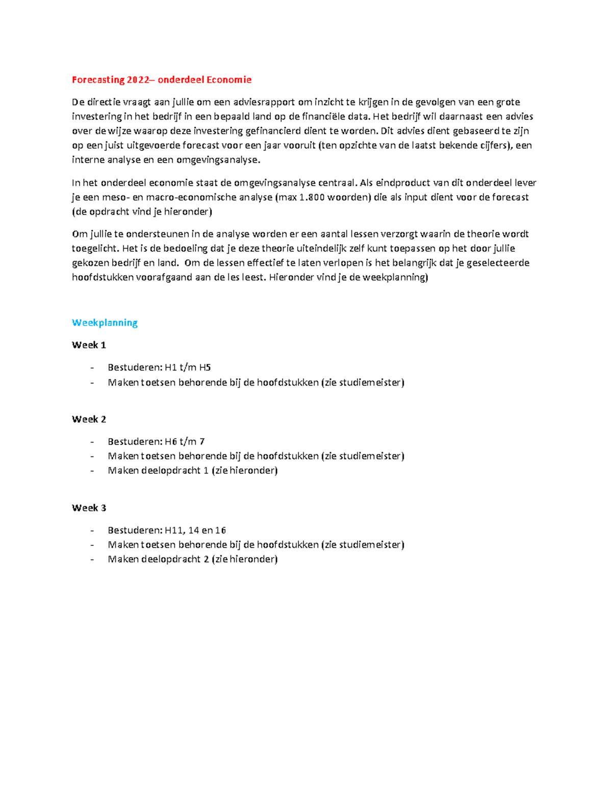 Weekplanning en opdracht economie - Forecasting 2022– onderdeel ...