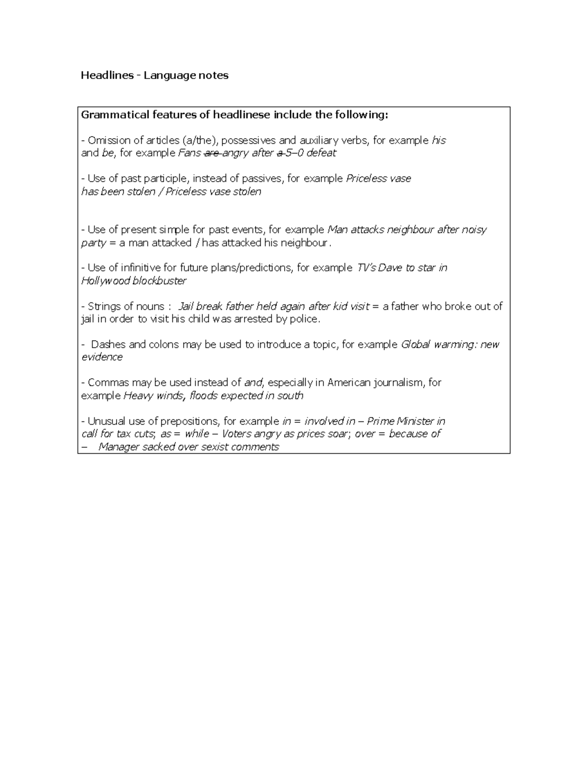 Headlines - apuntes - Headlines - Language notes Grammatical features ...