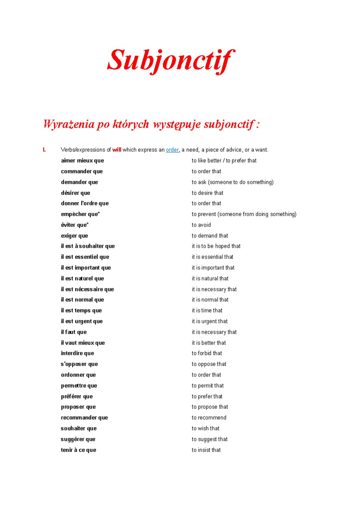 Subjonctif - Subjonctif Wyrażenia po których występuje subjonctif : I ...